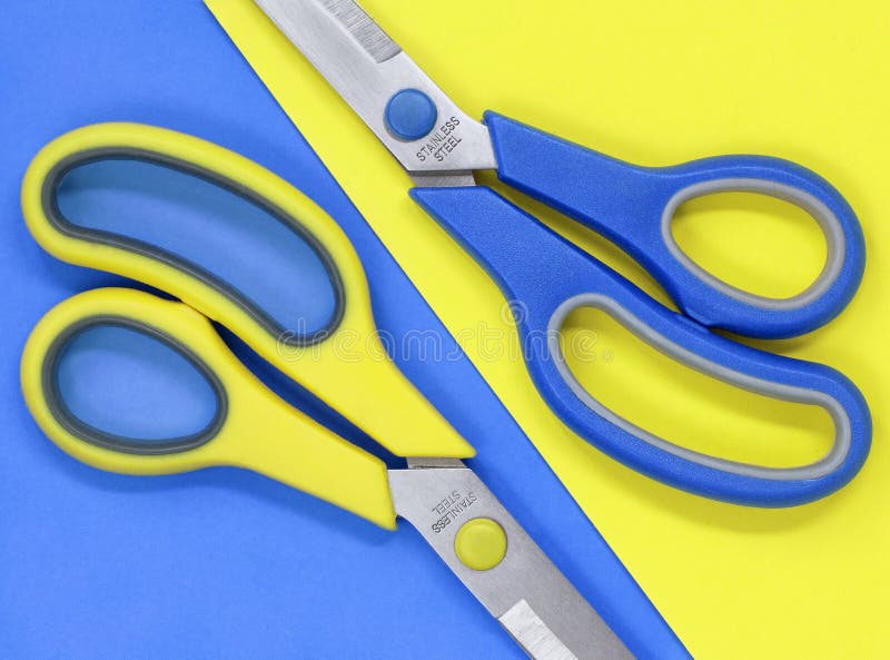 Yellow and Blue Scissors, Against a Contrasting Flat Lay Background ...