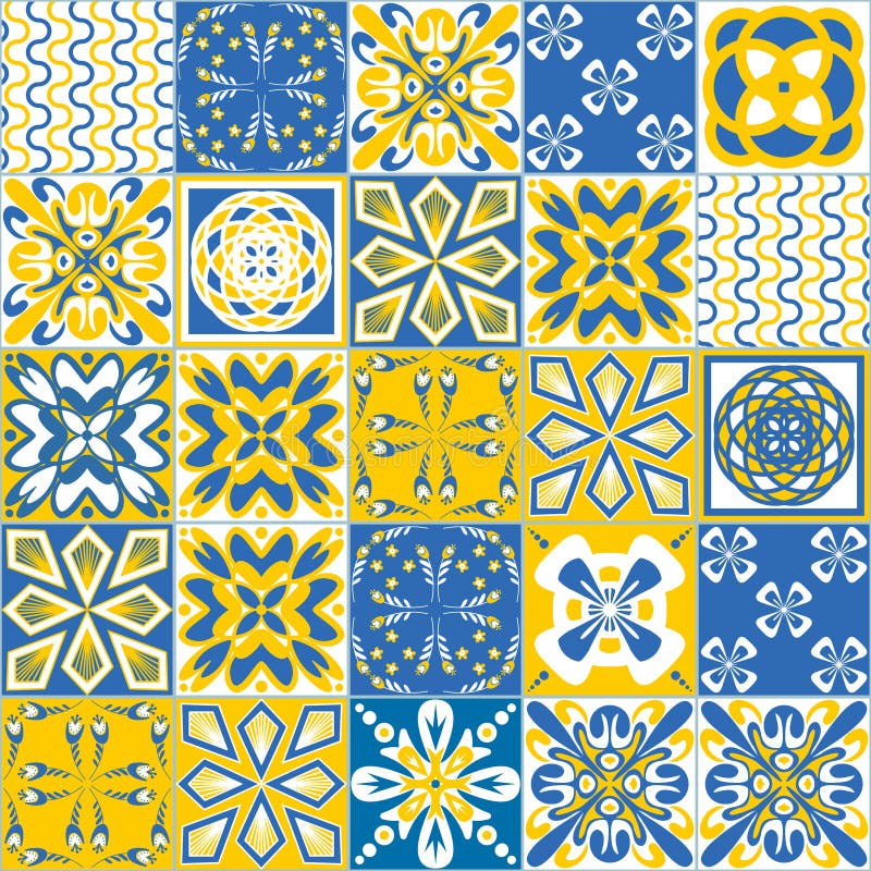 Yellow Blue Seamless Pattern, Spanish Azulejo Tile Mosaic, Contrast ...