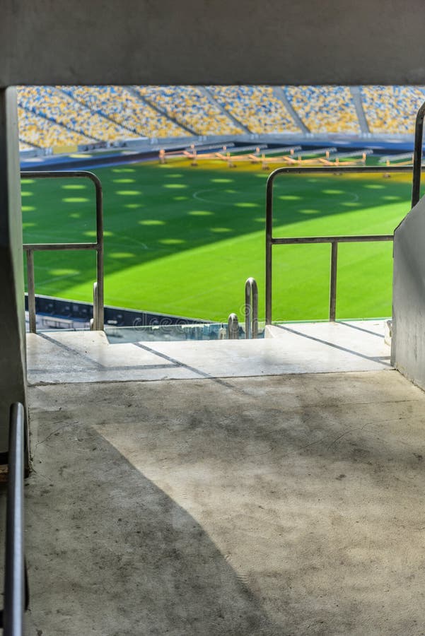 Yellow and Blue Stadium Seats on Soccer Field Stadium Stock Photo ...