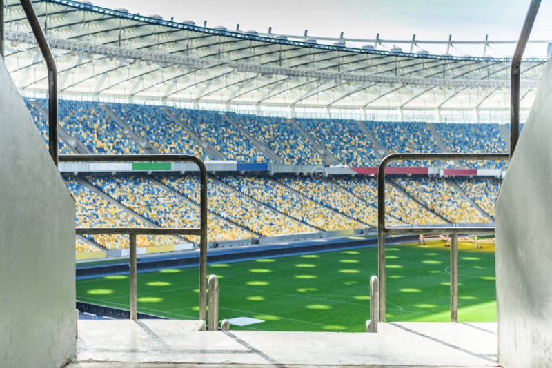 Yellow and Blue Stadium Seats on Soccer Field Stadium Stock Image ...