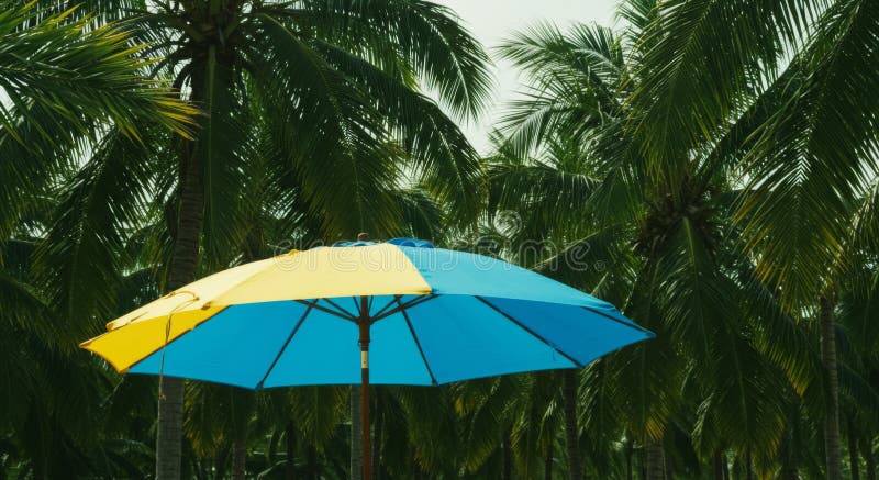 Yellow and Blue Striped Beach Umbrella Under Palm Trees Stock ...