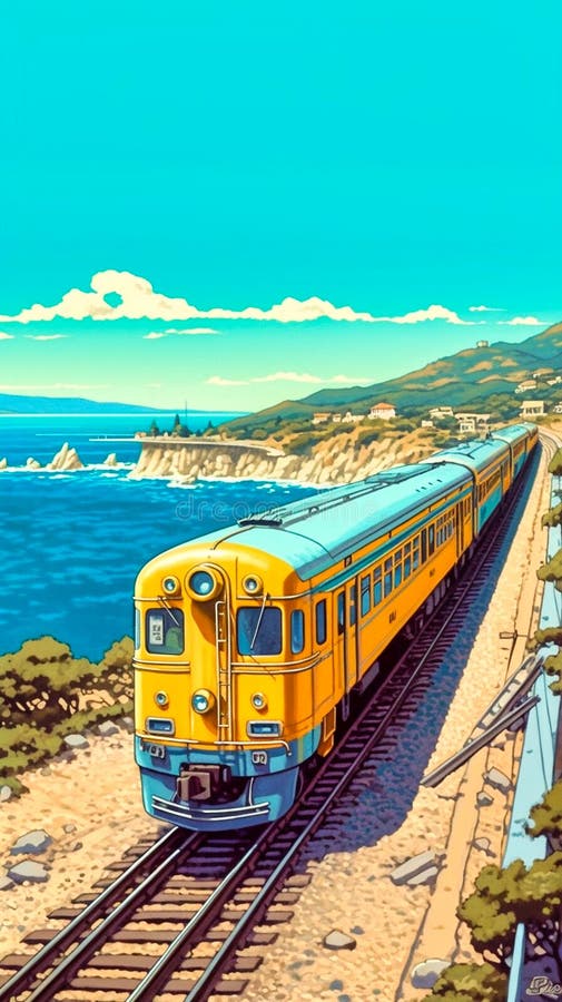 Yellow and Blue Train Traveling on an Ocean Road , Generative AI Stock ...