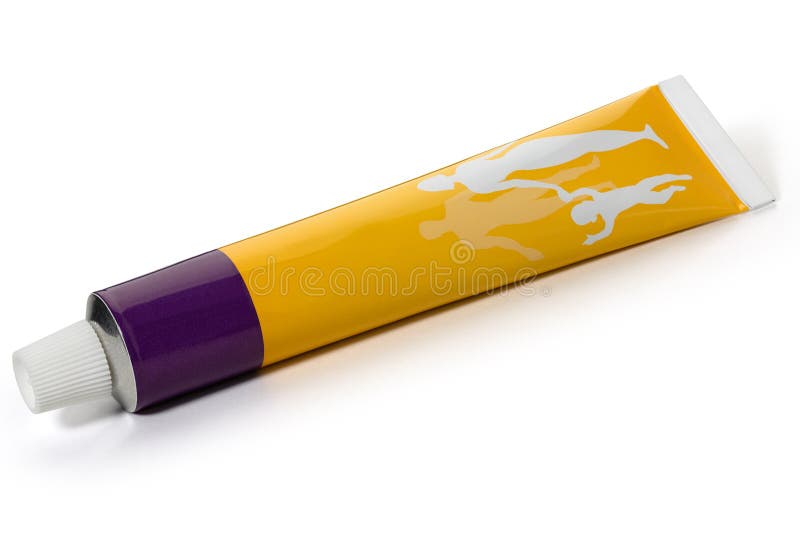 Yellow with Blue Tube of Ointment on a White Background. Full Depth of ...