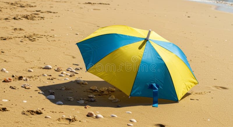 Yellow and Blue Umbrella on Sandy Beach Stock Illustration ...