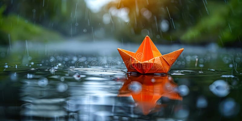 Yellow Boat is Floating in a River with Rain Falling on it. Stock Photo ...