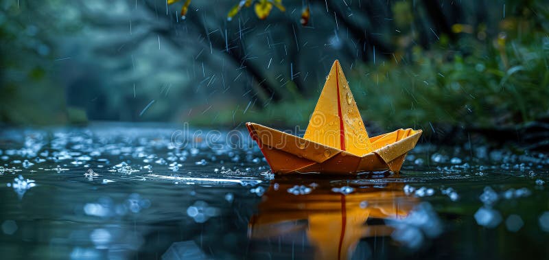 Yellow Boat is Floating in a River with Rain Falling on it Stock Image ...