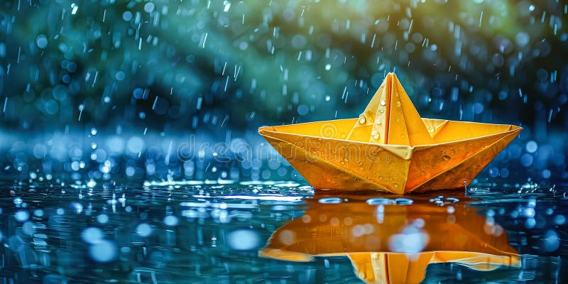 Yellow Boat is Floating in a River with Rain Falling on it. Stock Image ...