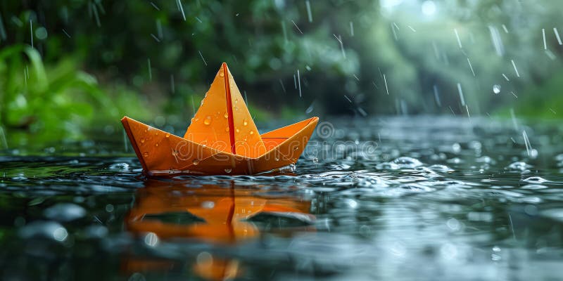 Yellow Boat is Floating in a River with Rain Falling on it. Stock Photo ...