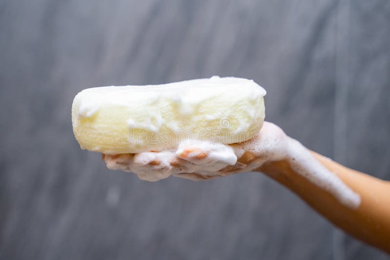 Yellow Body Scrub Sponge for Shower Stock Image - Image of sponge, soft ...