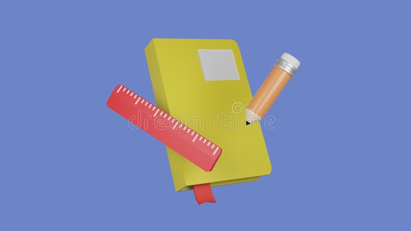 Yellow Book with Ruler and Pencil on Blue Background. Stock ...