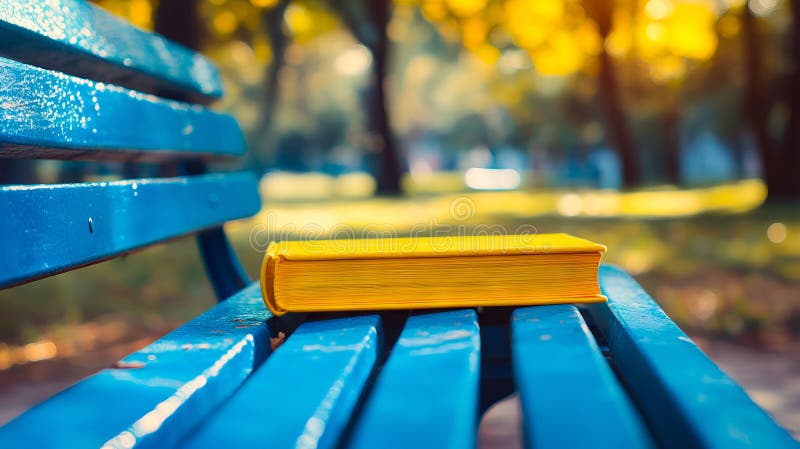 A Yellow Book Sitting on Top of a Blue Bench Stock Photo - Image of ...