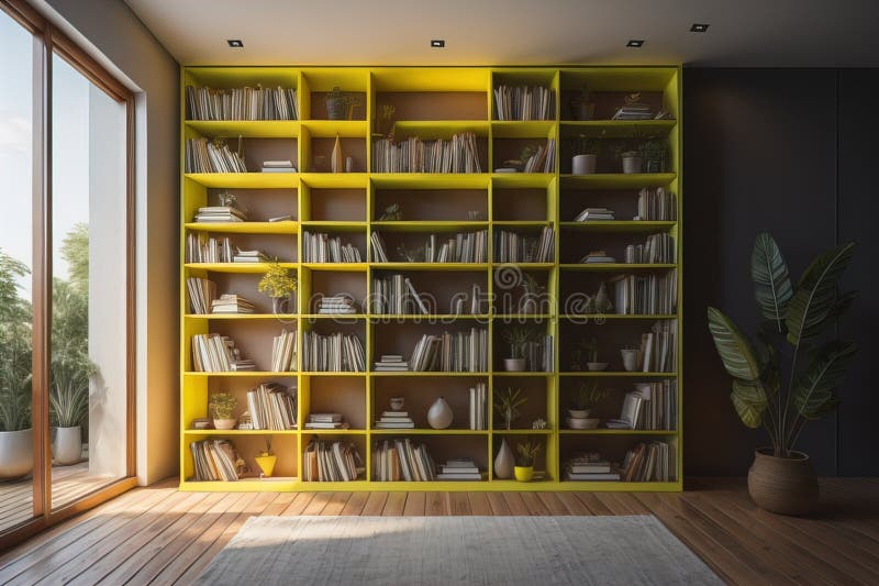 Yellow Bookshelves with Books in Modern Interior. Generative Ai Stock ...
