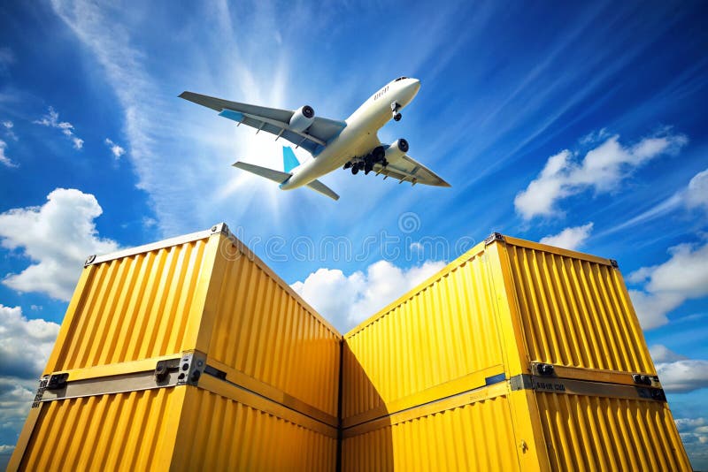 Yellow Box Container with Airplane in Blue Sky Stock Illustration ...