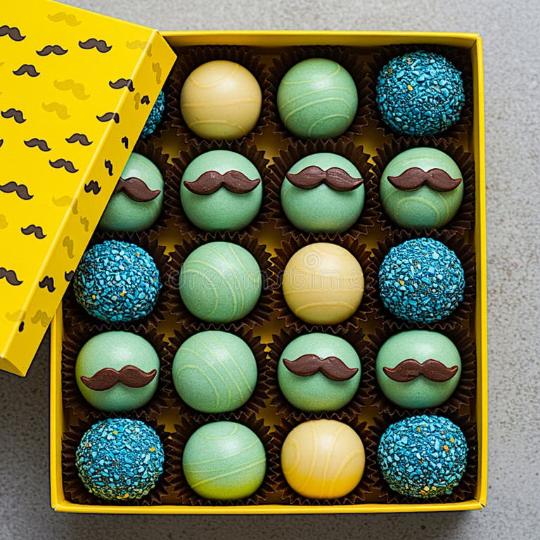 A Yellow Box with a Mustache Pattern Contains Assorted Chocolates ...