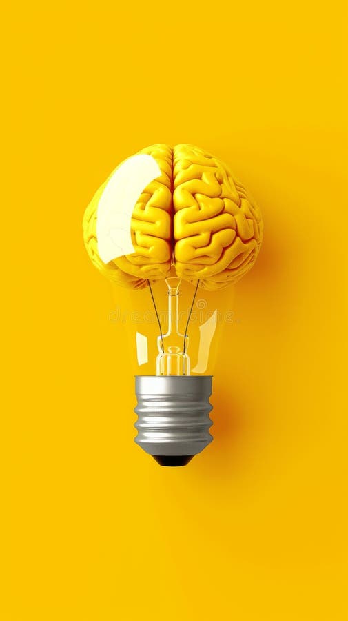 Yellow Brain Light Bulb on Yellow Background, Creative Idea Concept ...