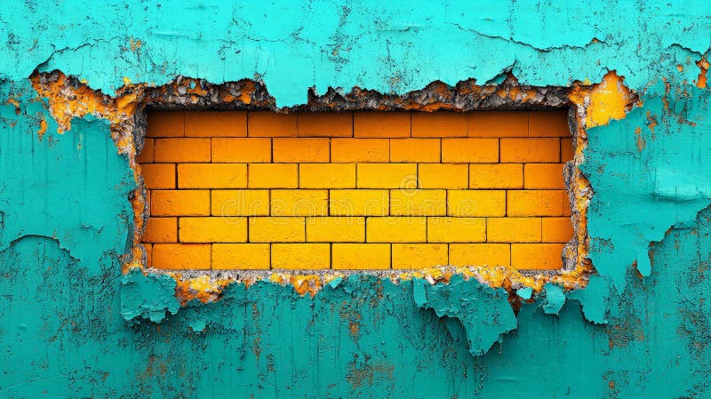 Yellow Brick Wall Hole in Teal Grunge Stock Image - Image of building ...
