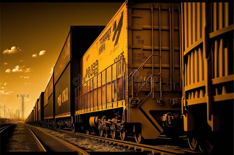 Yellow Brown Containers Loaded on Long Cargo Train Platforms Stock ...