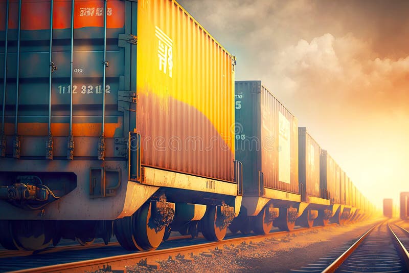 Yellow Brown Containers Loaded on Long Cargo Train Platforms Stock ...