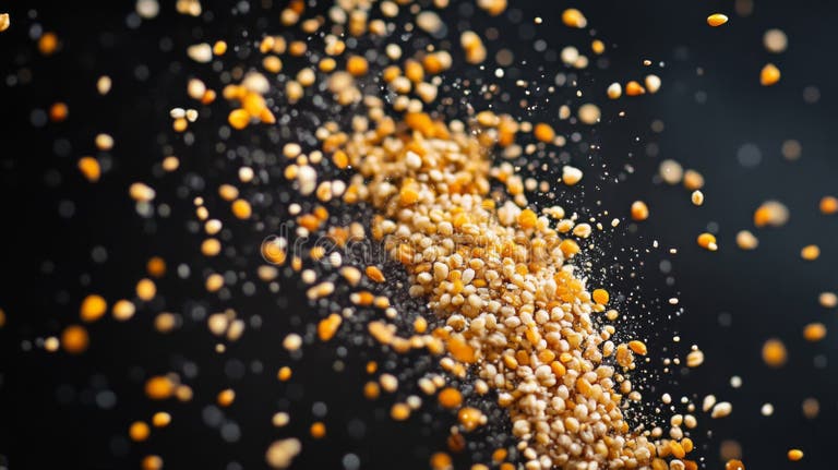 Yellow and Brown Corn Kernels Splashing on Dark Background Stock ...