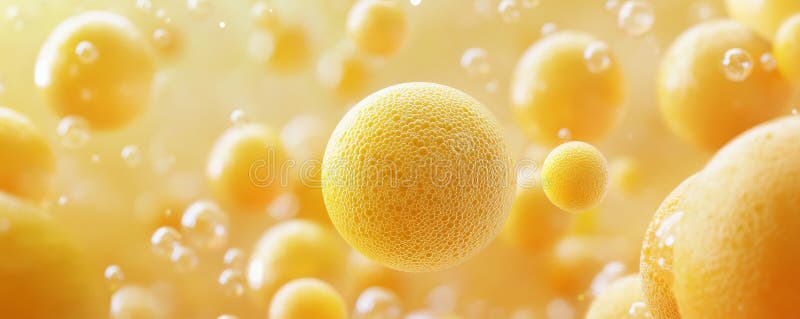 Yellow Bubbles with Textured Surfaces Floating in Liquid, Abstract ...