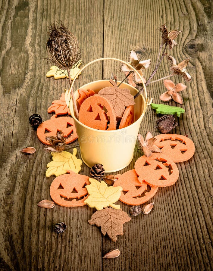 Yellow Bucket with Halloween Decoration Stock Image - Image of orange ...
