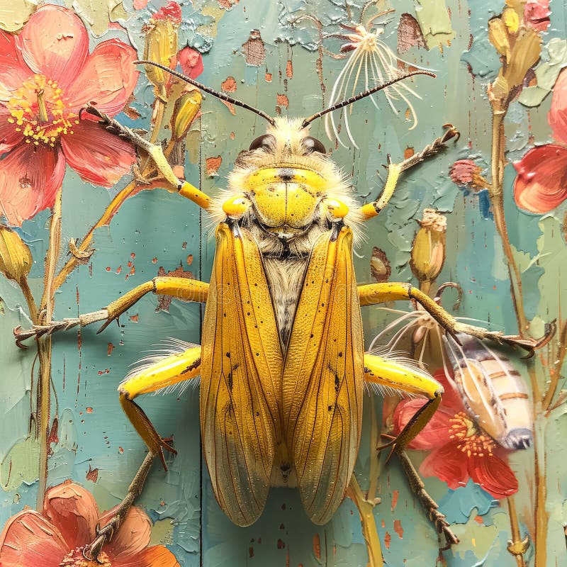 Yellow Bug is on a Blue Background with Red Flowers Stock Image - Image ...