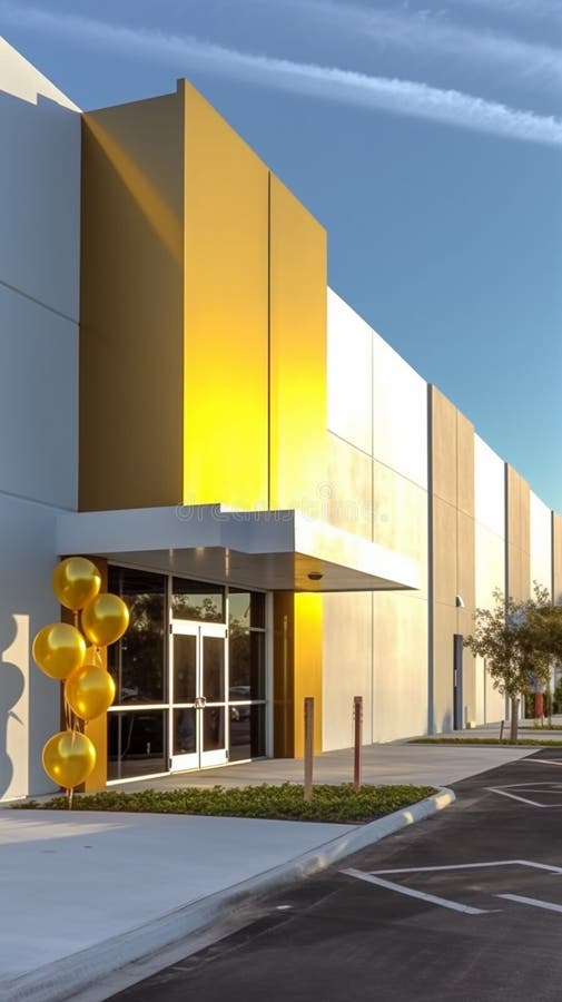 Yellow Building with Gold Balloon Decorations Illuminated by a Bright ...