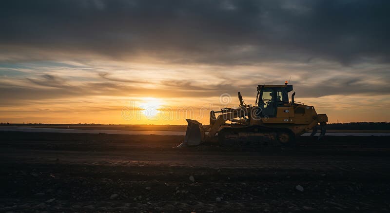 Bulldozer at Sunset Working on Construction Site Landscaping Project ...