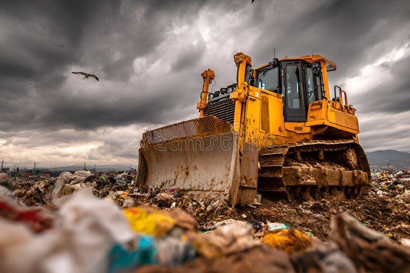 Yellow Bulldozer Working on a Landfill Under a Cloudy Sky Stock Image ...