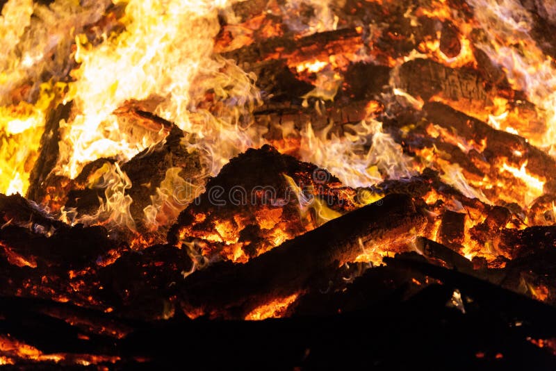 Yellow Burning Wood Fire with Glowing Coals Stock Image - Image of ...