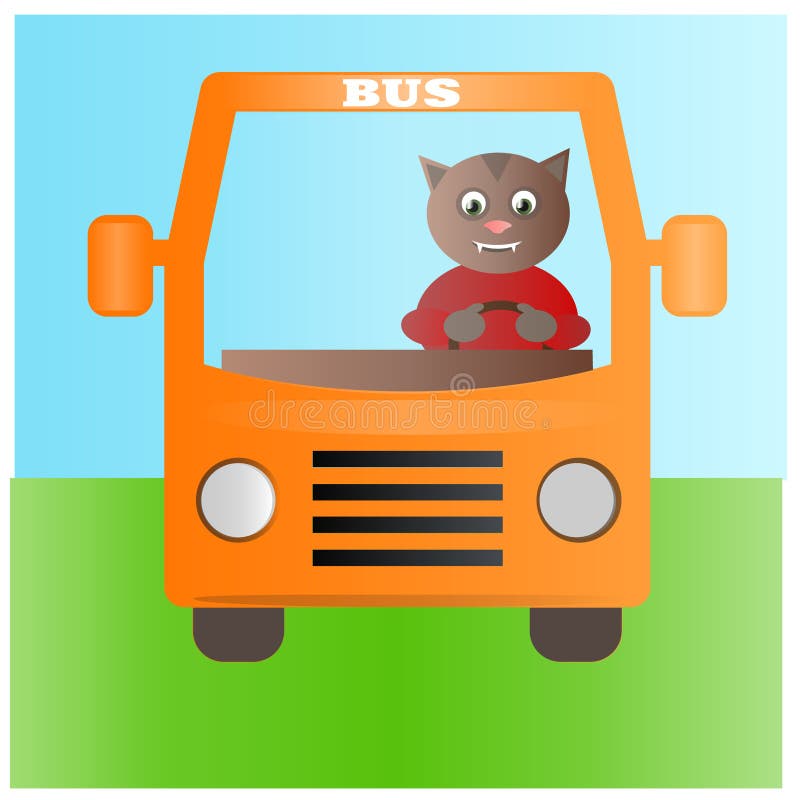 Yellow Bus with Cat Driver on the Way Stock Vector - Illustration of ...