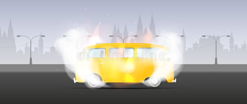 Yellow Bus in Flames and Smoke. the Bus is on Fire. Vector Illustration ...