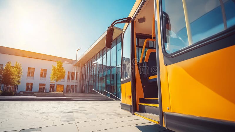 A Yellow Bus is Parked Outside a Building. Generative AI Stock ...