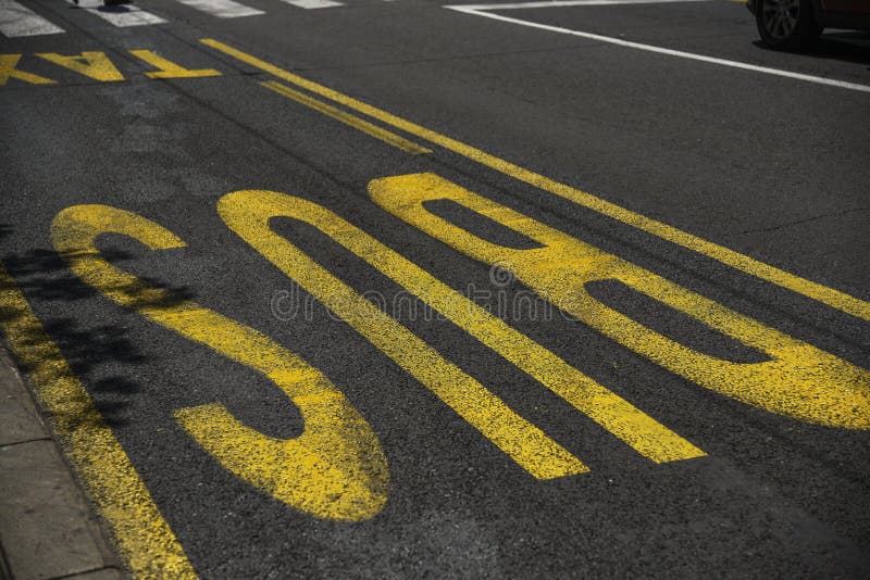 Yellow Bus Sign on the Road Stock Image - Image of text, transport ...