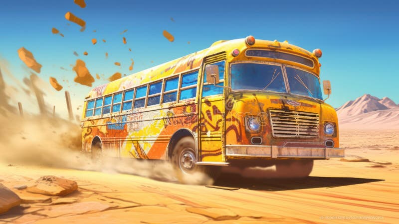 A Yellow Bus Speeding through the Desert, Its Engine Roaring. Created ...
