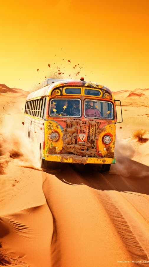 A Yellow Bus Speeding through the Desert, Its Engine Roaring. Created ...