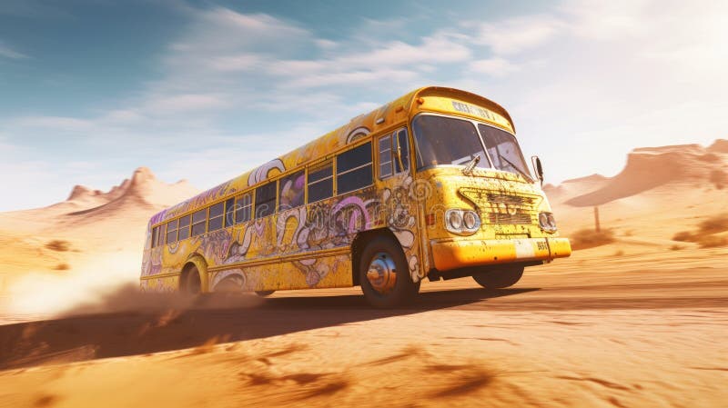 A Yellow Bus Speeding through the Desert, Its Engine Roaring. Created ...
