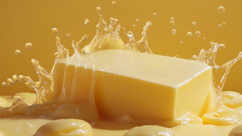 Yellow Butter Block Splashing in Creamy Liquid Stock Illustration ...
