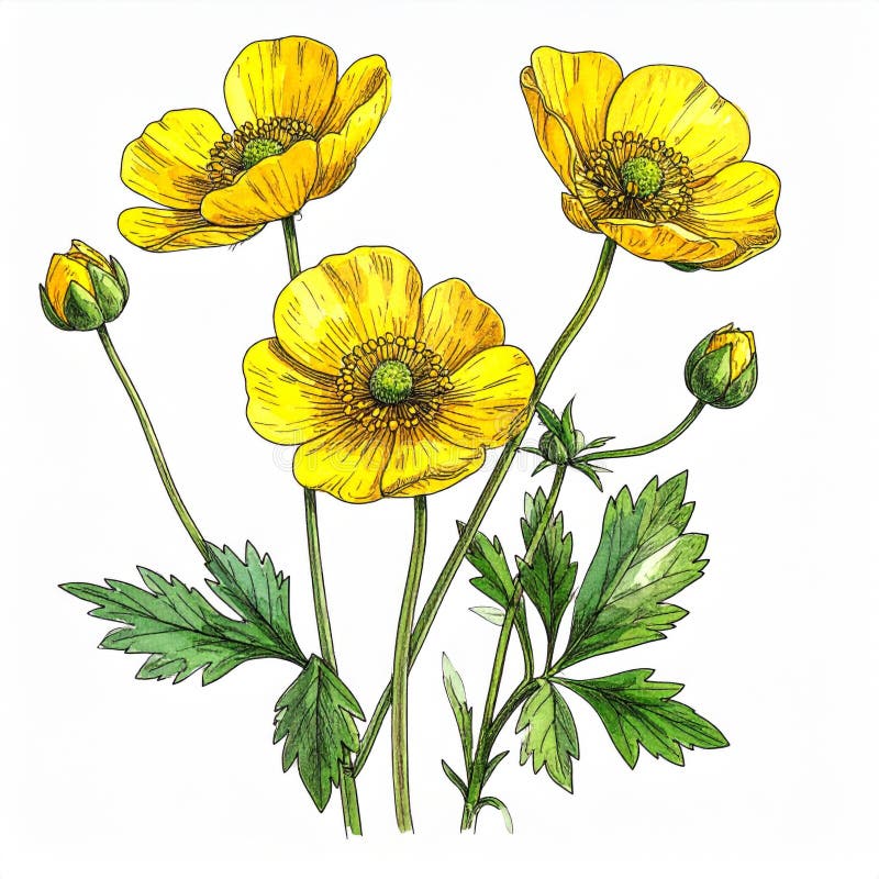 Yellow Buttercup Flower Botanical Illustration Stock Photo ...
