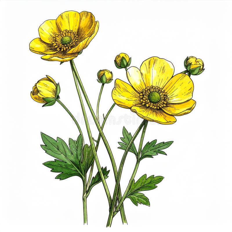 Yellow Buttercup Flower Botanical Illustration Stock Photo ...