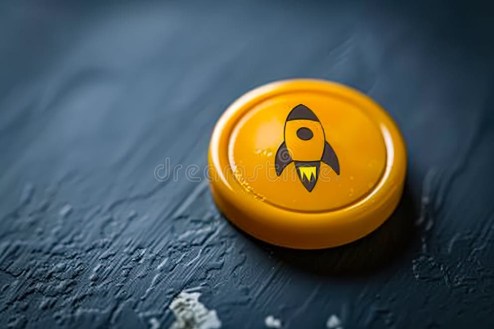 A Yellow Button with a Rocket on it Sits on a Dark Surface Stock Image ...