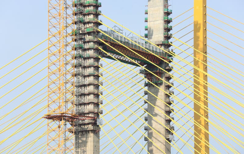 Yellow Cables of Under Construction Suspension Bridge Stock Photo ...