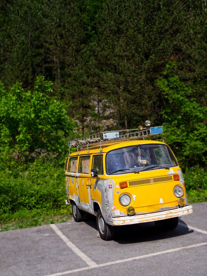 Yellow Camper Van in the Woods Editorial Stock Image - Image of ...