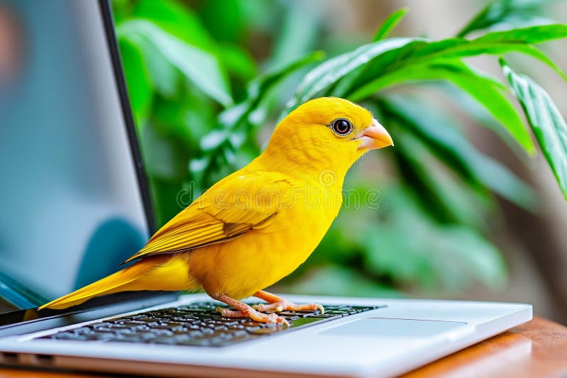 A Yellow Bird Sitting on Top of a Laptop Computer Stock Photo - Image ...