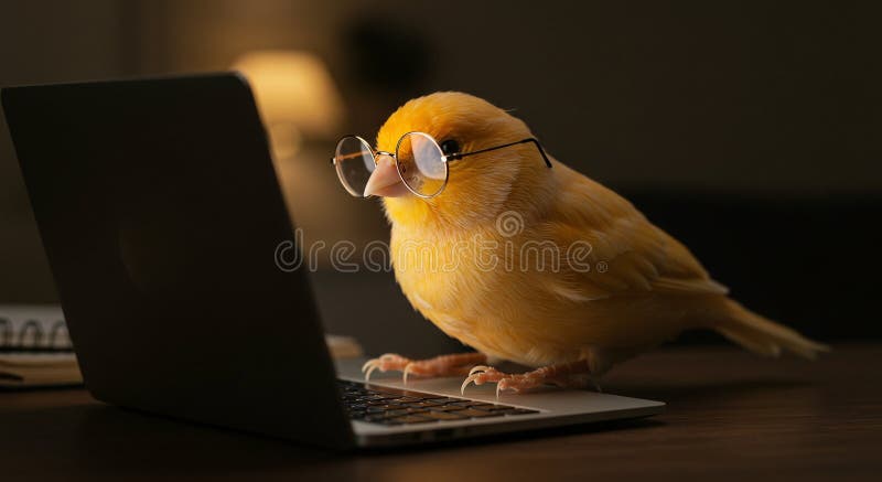 A Yellow Canary Wearing Spectacles Perched on a Laptop, Illuminated in ...