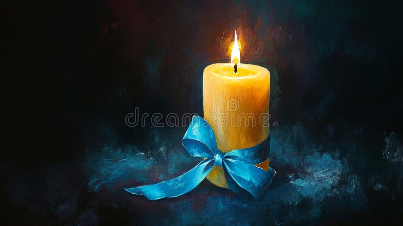 Yellow Candle with Blue Ribbon on Dark Background Stock Illustration ...