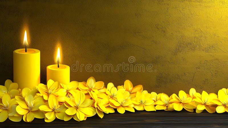 Yellow Candles with Vibrant Flowers in Soft Lighting. Stock Photo ...