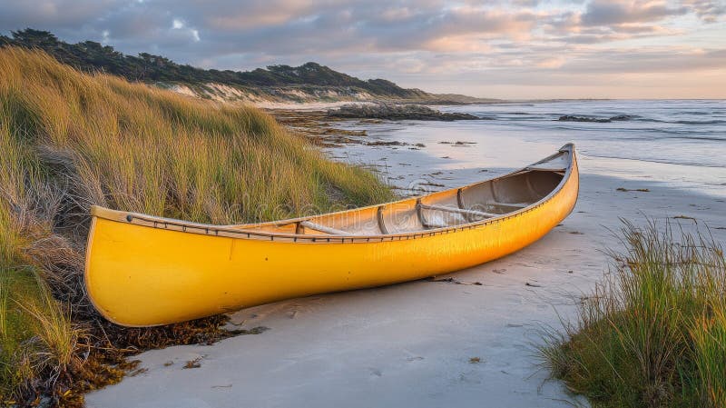 Yellow Canoe on Sandy Beach at Sunset Stock Illustration - Illustration ...