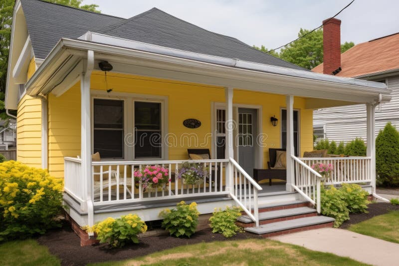 Yellow Cape Cod with a Porch Under a Slate Roof Stock Image - Image of ...
