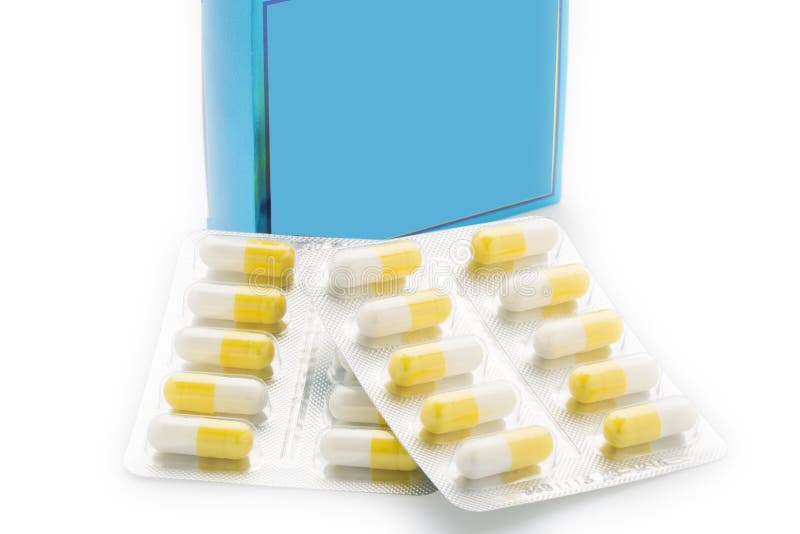 Yellow Capsules Tablet Blister Pack and Blue Pill Box Stock Photo ...